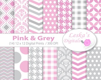 PINK GREY Digital Paper Paper Patterns Chevron Polka Dot - Etsy
