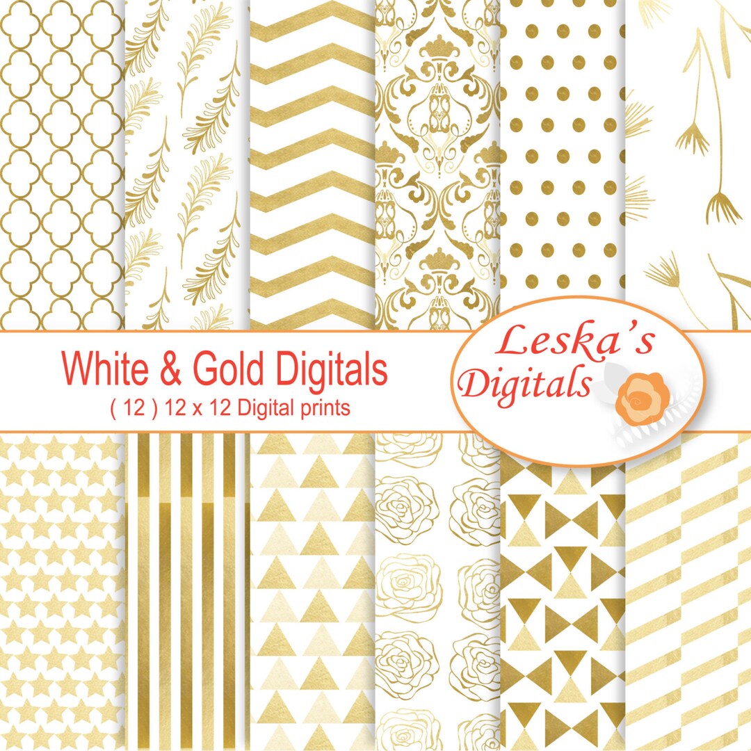 Gold Metallic Digital Paper, Gold and White Scrapbook Papers, Gold ...