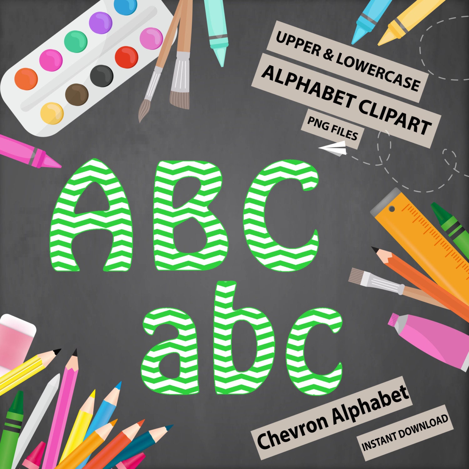 Green chevron digital alphabet letters instant download | Etsy