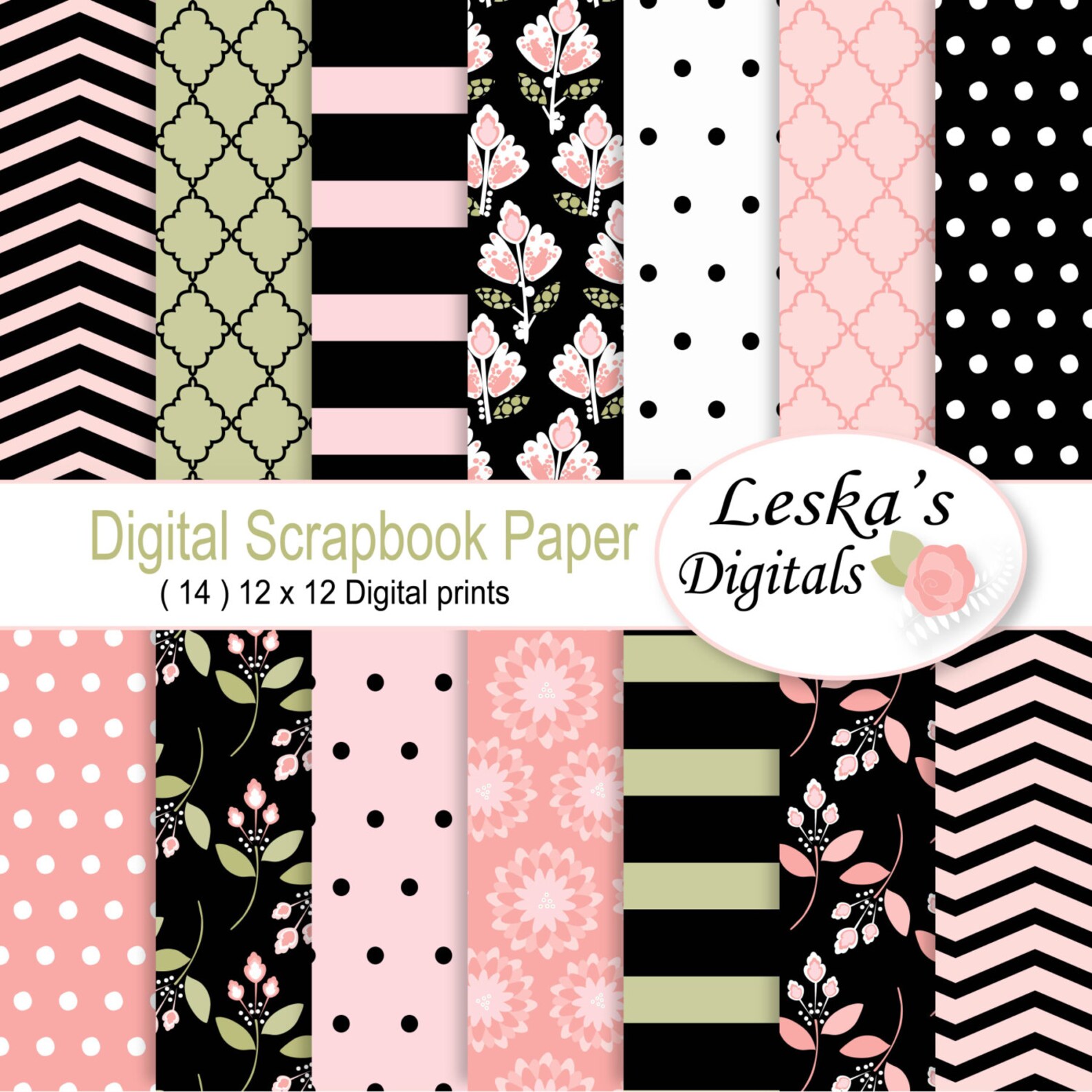 Pink and Black Digital Scrapbook Paper Floral Backgrounds - Etsy