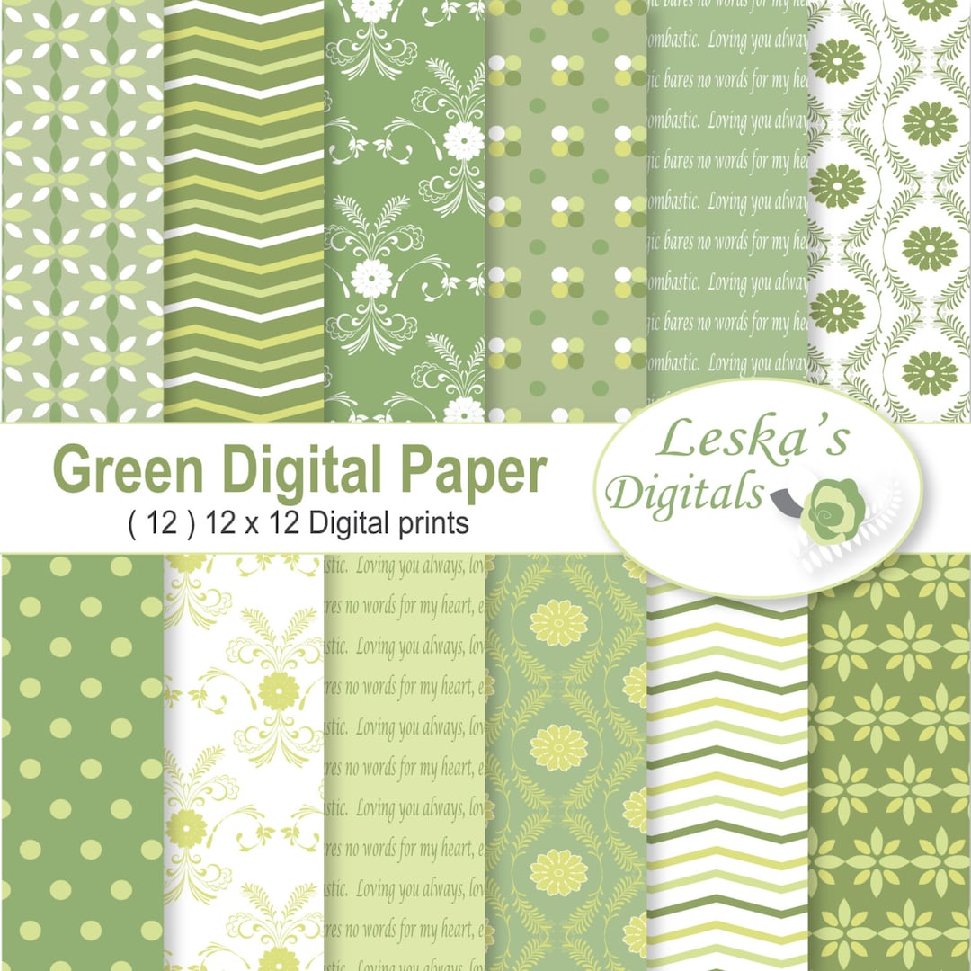 Green Digital Paper, Digital Scrapbooking Paper Variety Pack: Damask ...