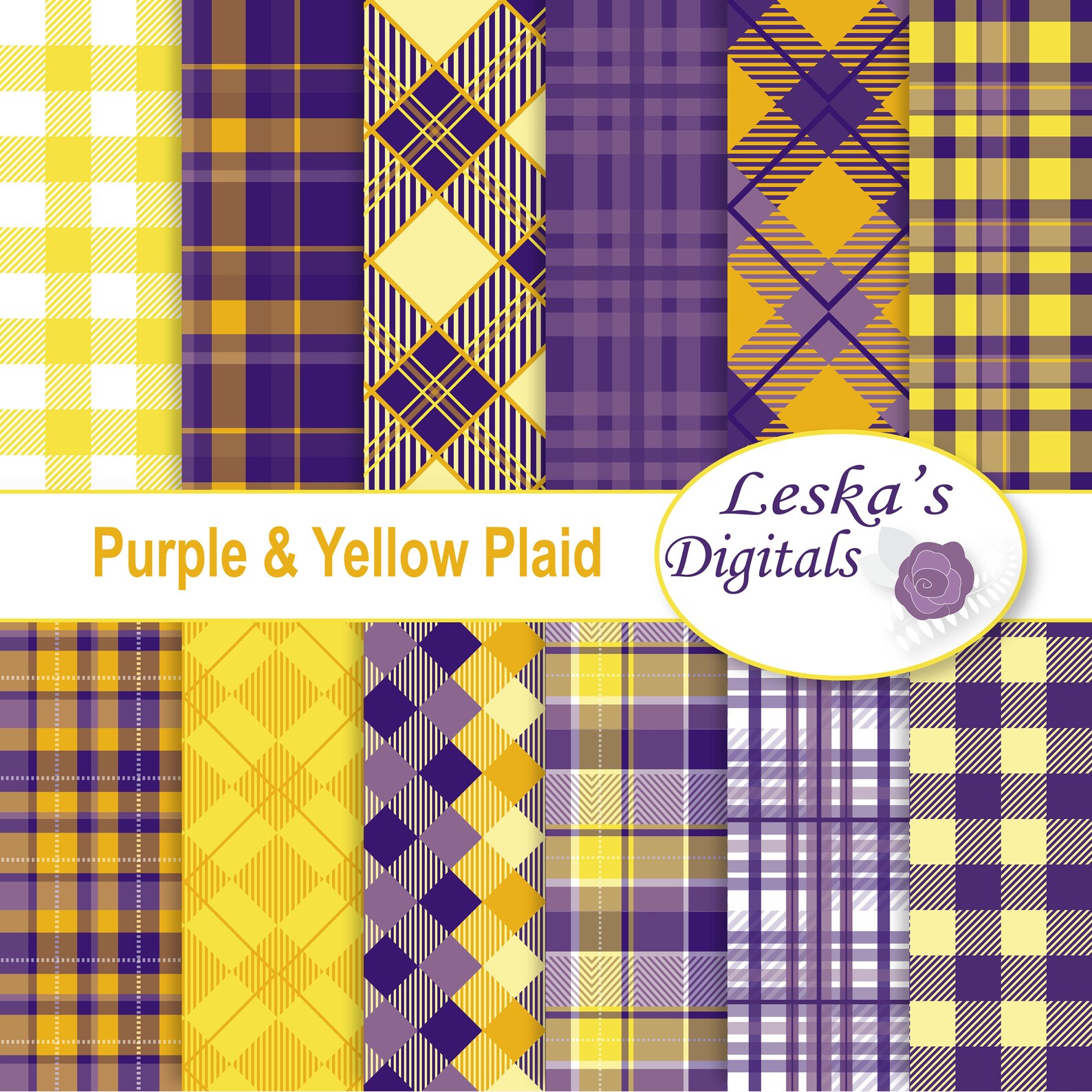 PLAID DIGITAL PAPER Yellow and Purple Plaid Digital Paper, Digital ...