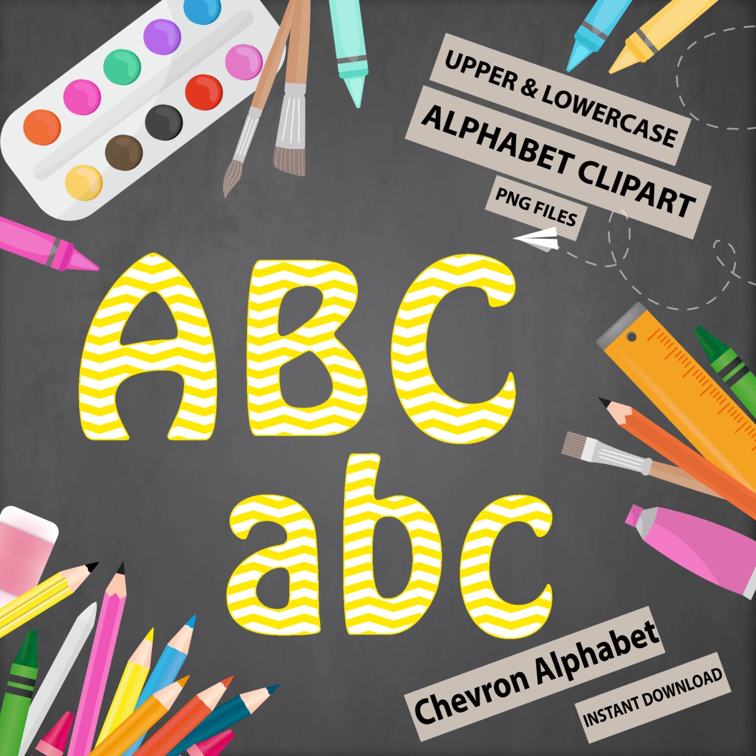 Yellow Chevron Digital Alphabet - Letters Instant Download, Letters for ...