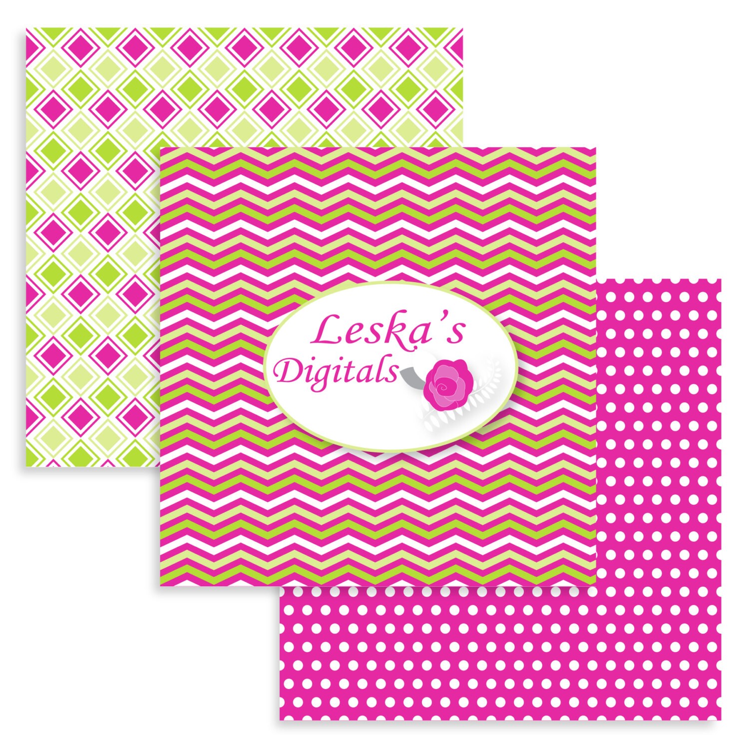 Pink and Green Digital Paper Chevron Polka Dots Damask | Etsy