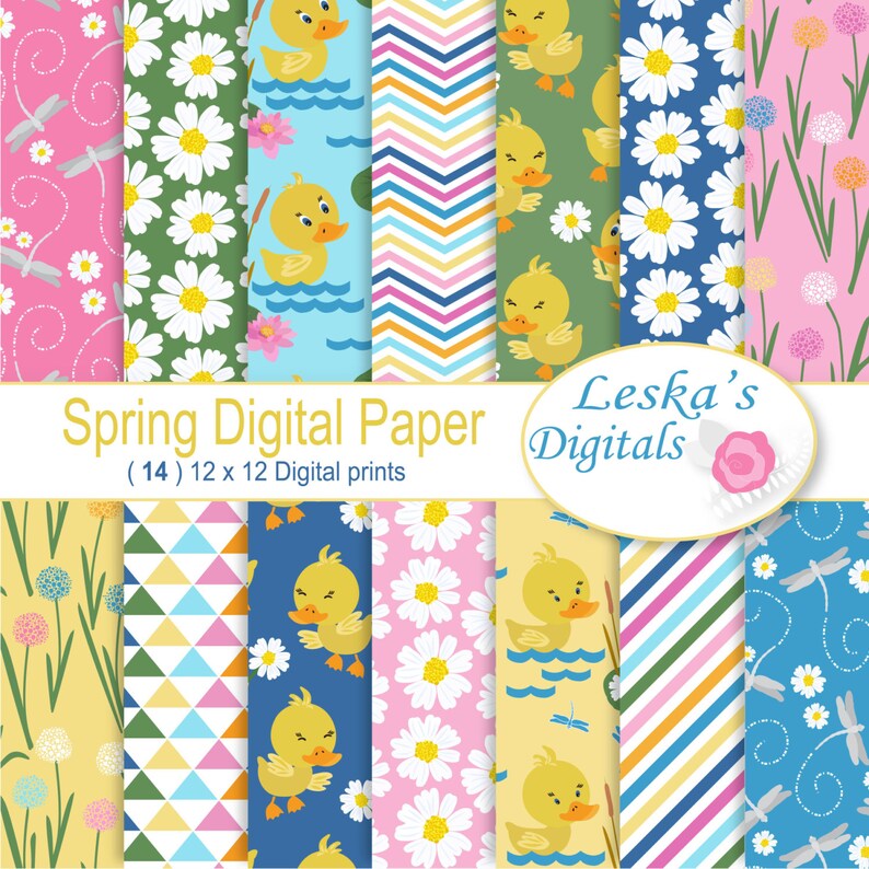SPRING DUCK POND Digital Paper Pack, Blue Green Yellow and Pink Stripes ...