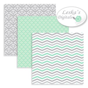 Mint Digital Paper Pack, Grey Digital Scrapbook Paper Chevron, Polka ...