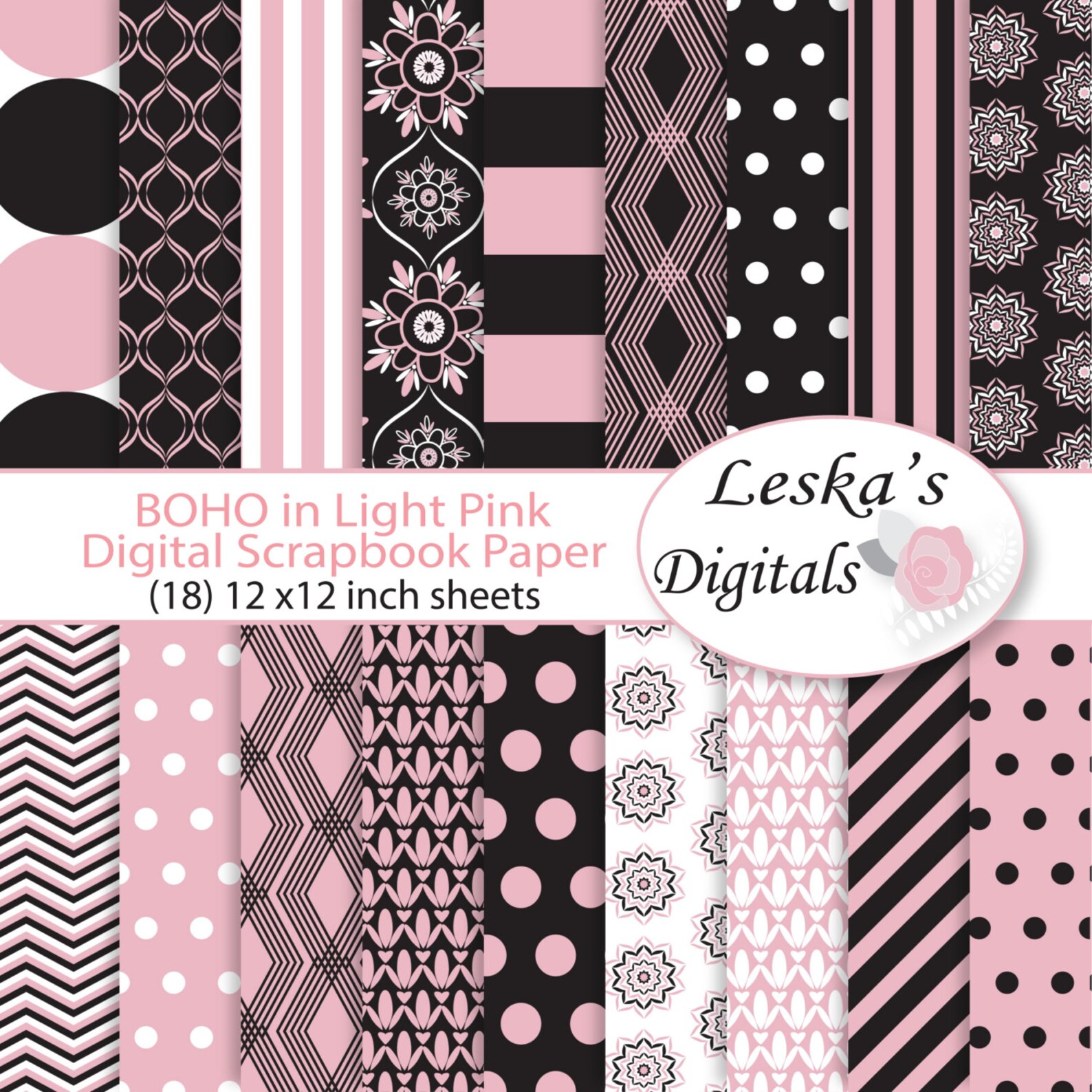 Pink Digital Scrapbook Paper Pink Black Digital Paper | Etsy