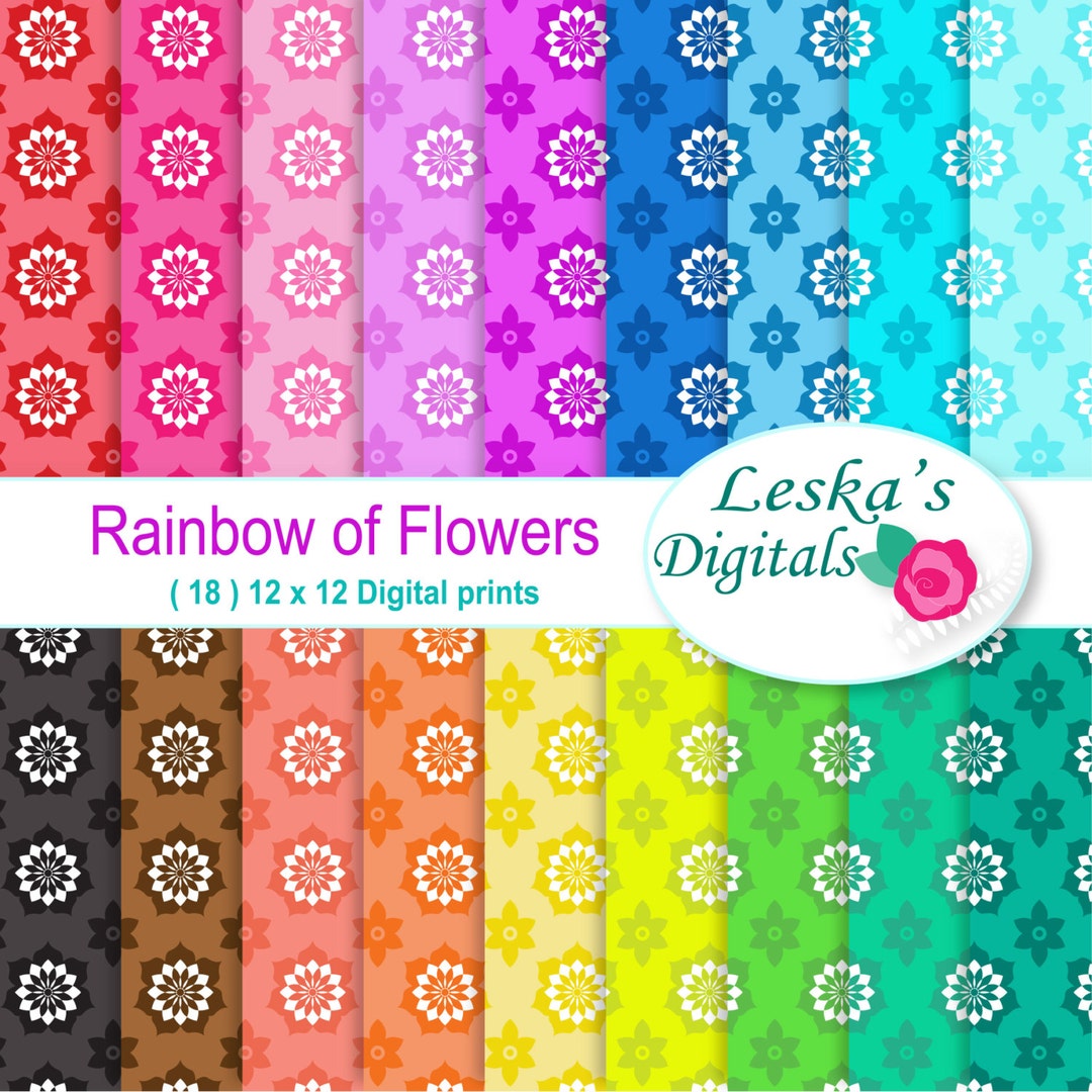 FLOWER DIGITAL PAPER, Digital Scrapbook Paper Floral Pattern in Rainbow ...