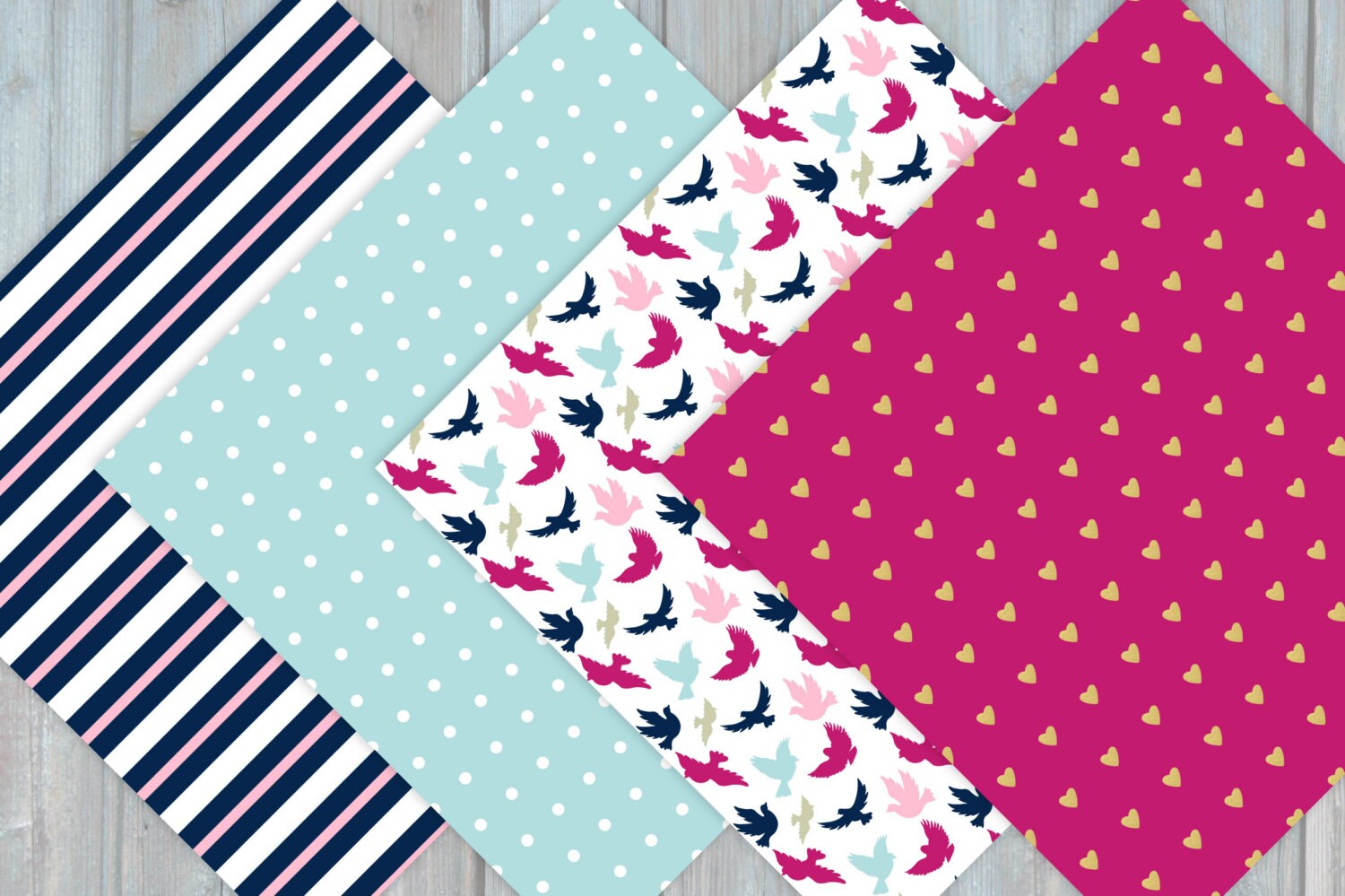 Pretty Digital Paper: navy PINK and Gold Digital - Etsy