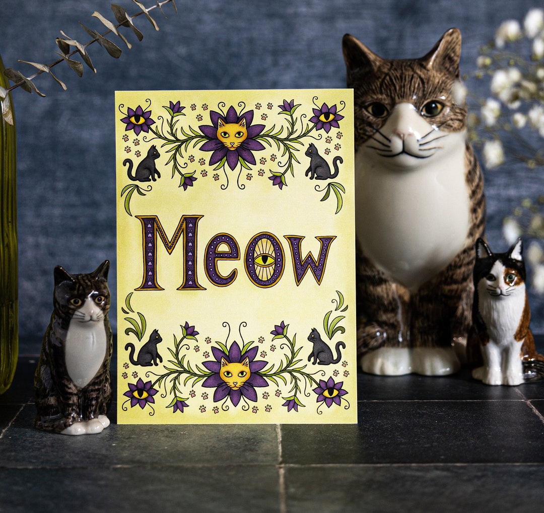 Meow Note Card for Cat Lovers, Altar Decor, Art Print, Postcard - Etsy