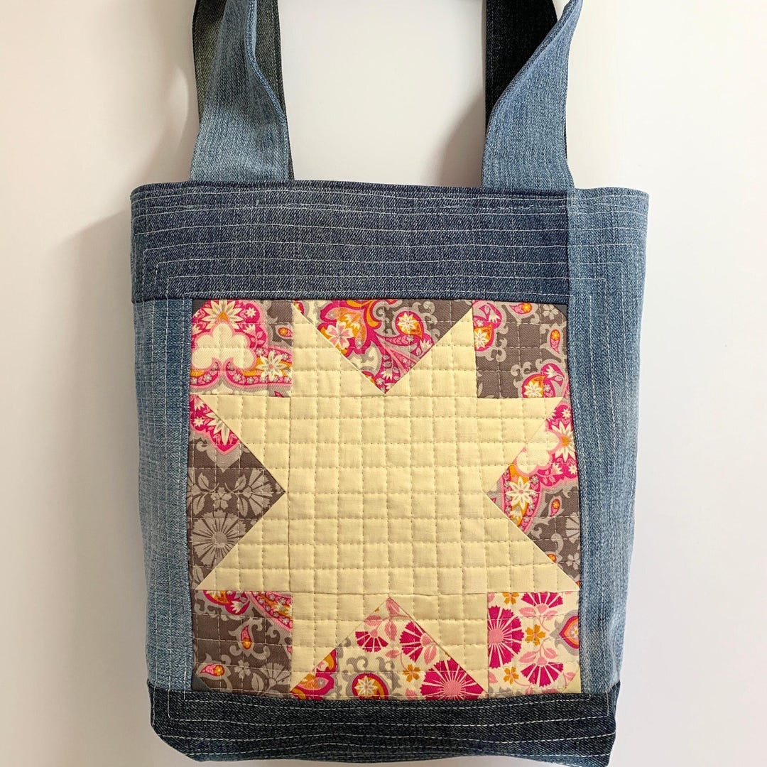 Quilt Block Tote Bag, Denim Chunky Handle Bag, Hot Pink Scrappy Star - Etsy