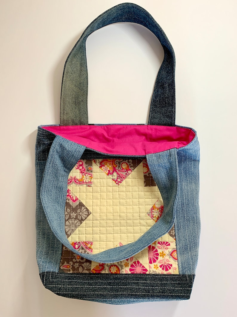Quilt Block Tote Bag, Denim Chunky Handle Bag, Hot Pink Scrappy Star - Etsy
