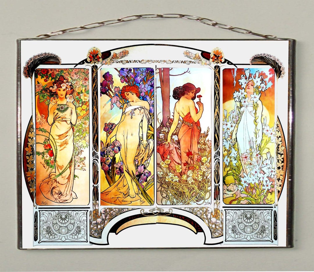 Alphonse Mucha - the Flowers = Rose, Lily, Carnation, Iris,1x Stained ...