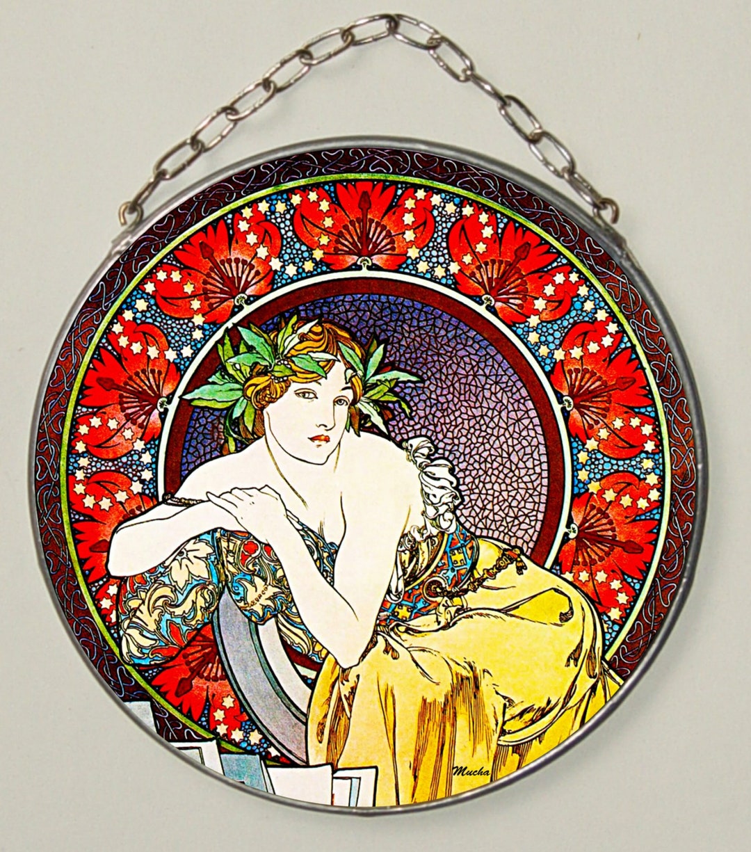 Alphonse Mucha - Woman With Poppies. Stained Glass and Print on Canvas ...
