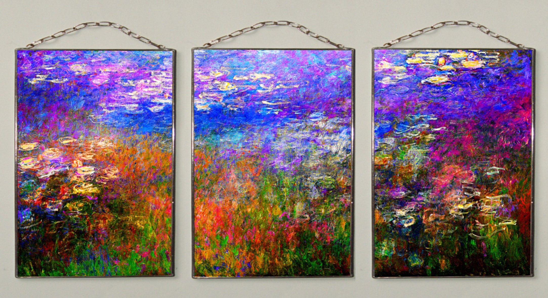 Claude Monet - Water Lilies III,THREE Parts.3x Stained Glass and 1x ...