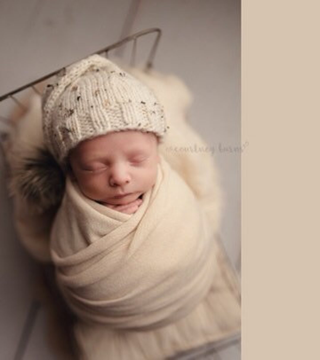 Cream Tweed Newborn Long Tailed Sleepy Cap or Beanie With Faux Fur Pom ...