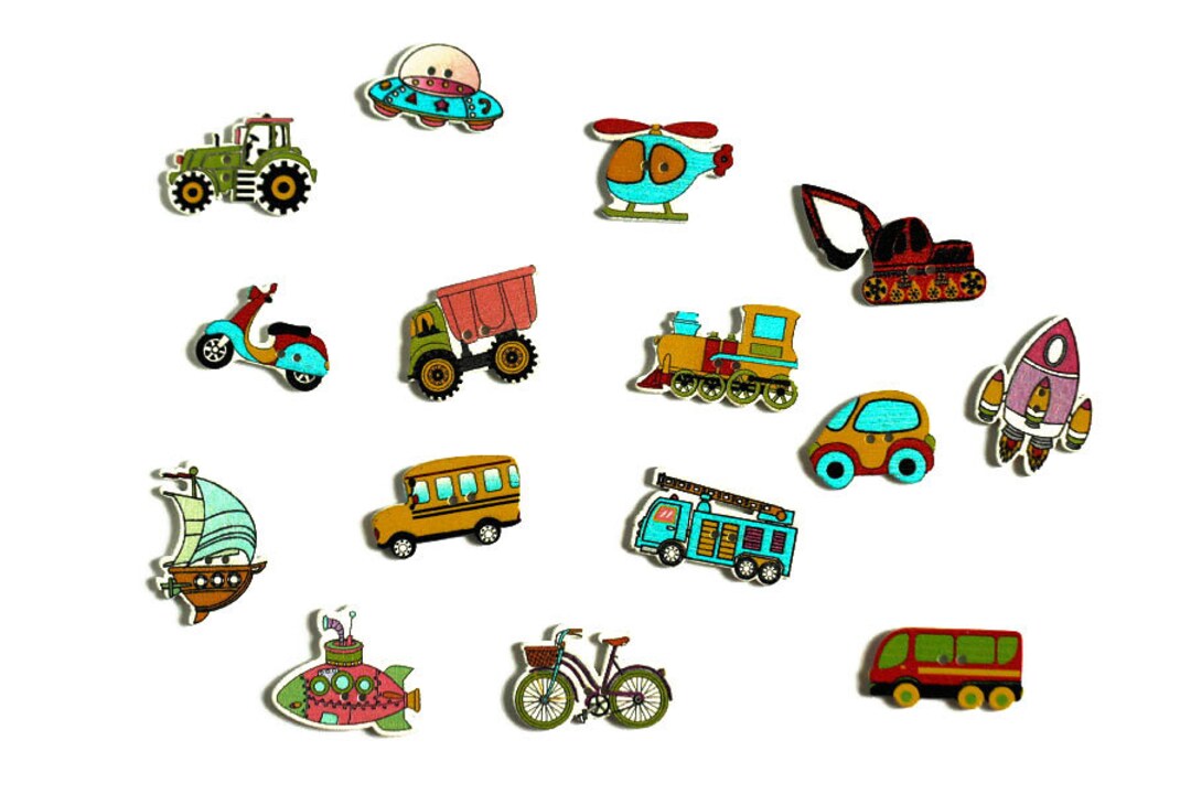 15 Mixed Transportation Wooden Buttons, 1.5-3.5cm, Two Holes Sewing ...