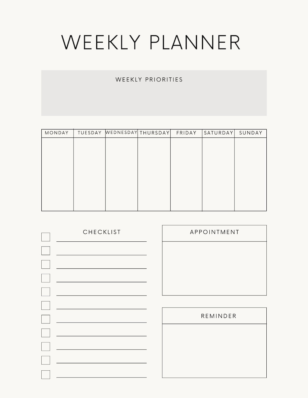 Minimalist Weekly Planner Printable, Daily Planner, Daily Organization ...