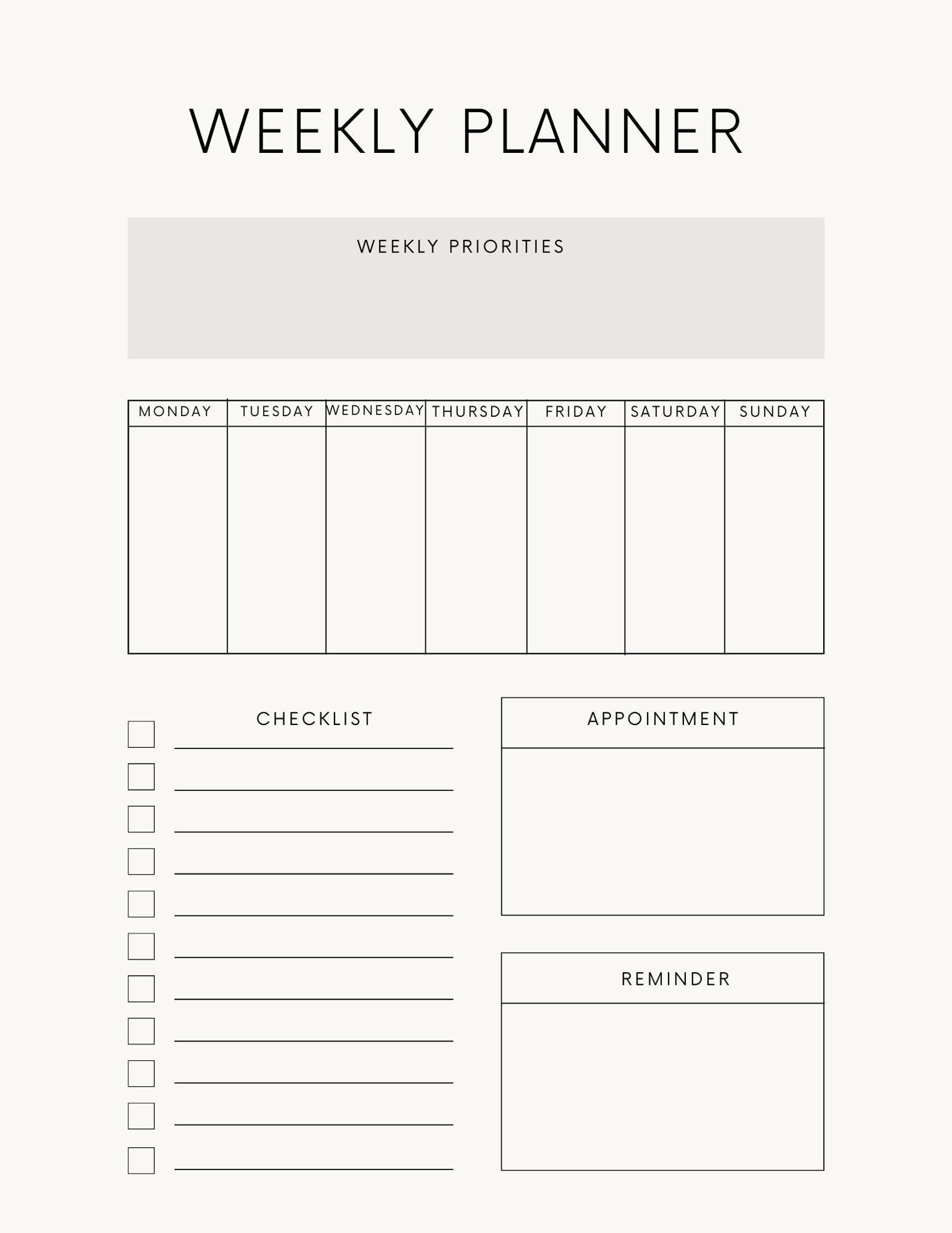 Minimalist Weekly Planner Printable, Daily Planner, Daily Organization ...