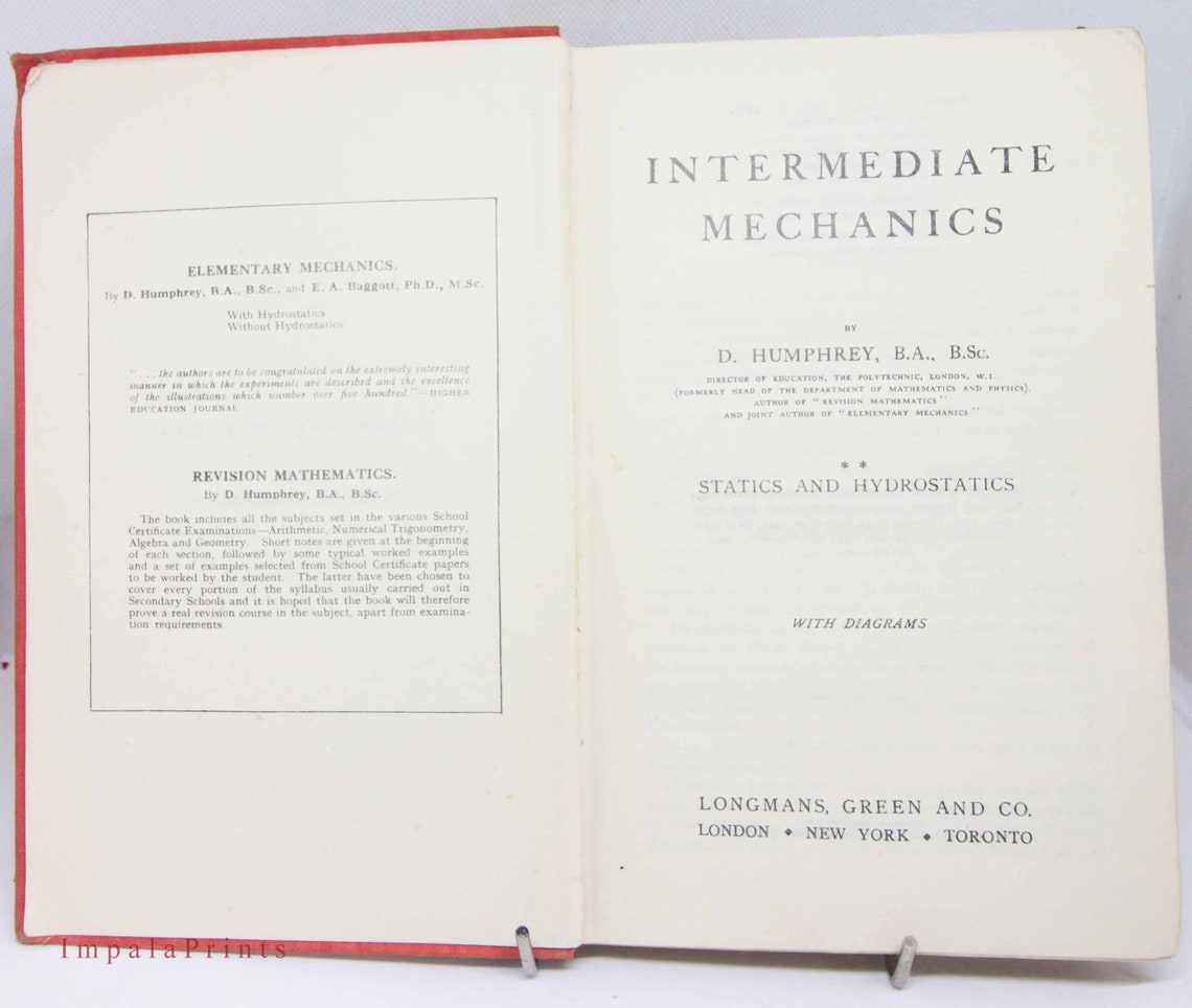 Mechanics Maths Book, 1940s Statics & Hydrostatics Mathematics Vintage ...