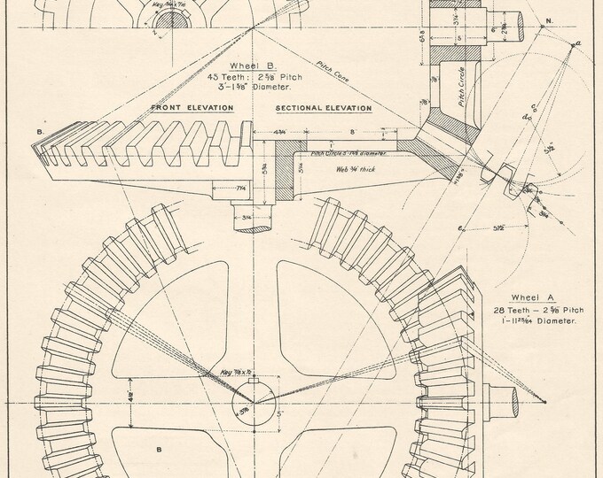Bevel Wheel Blueprint Cylinder End 1920s Vintage Industrial Print ...