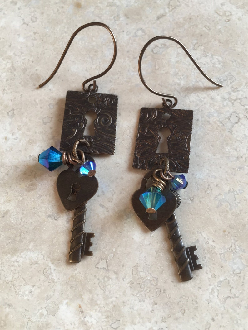 Vintaj Natural Brass Embossed Lock and Key Dangle Earrings With Wire ...