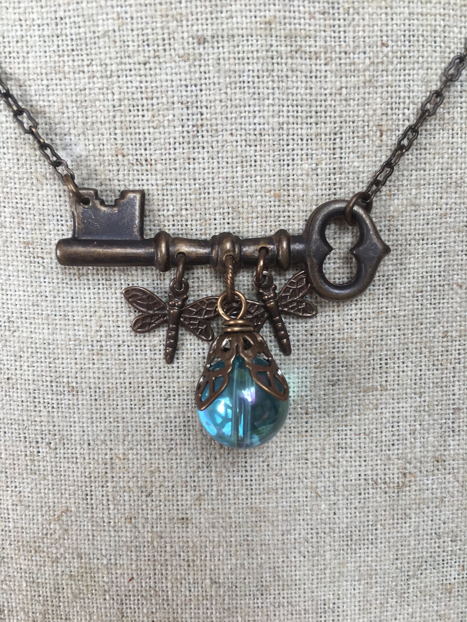 Vintaj Antiqued Brass Key Twin Dragonflies Necklace With 12mm Aqua Aura ...