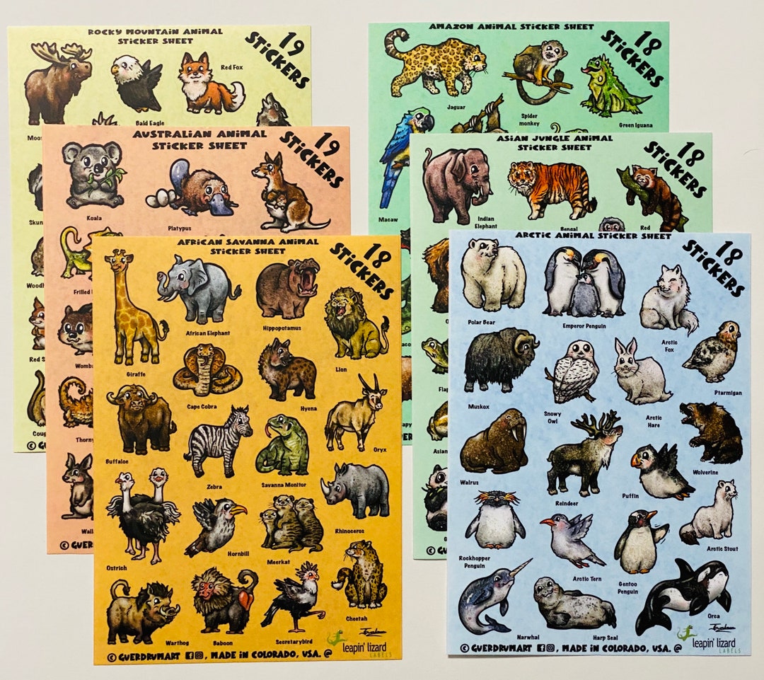 Animals of the World, 6 Sticker Sheets! 110 Waterproof Stickers! Made ...