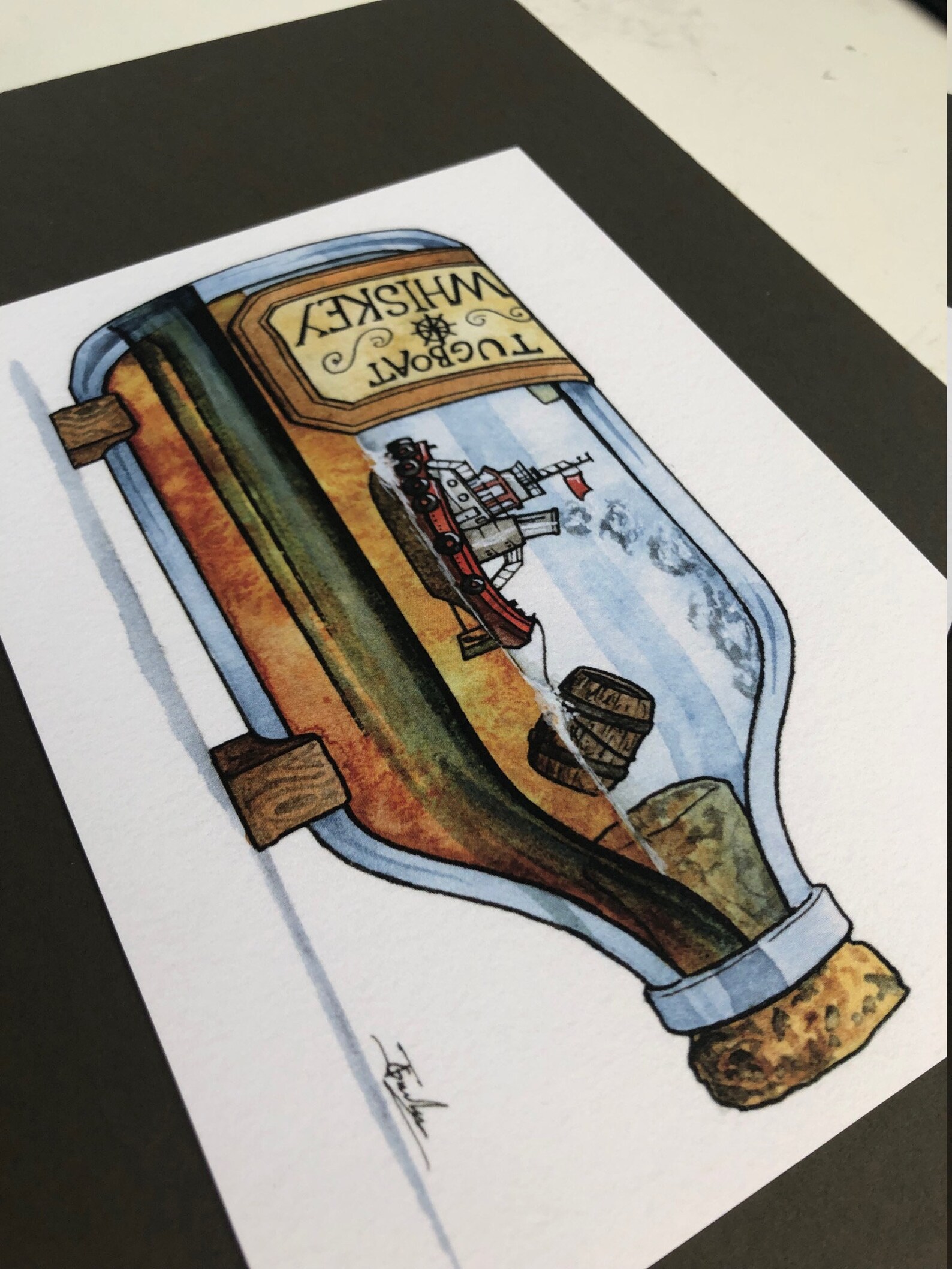 Tugboat Whiskey Ship in a Bottle Art Print | Etsy