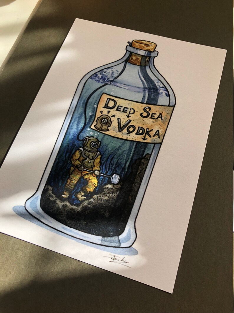 Deep Sea Diver Vodka Ocean in a Bottle Art Print - Etsy
