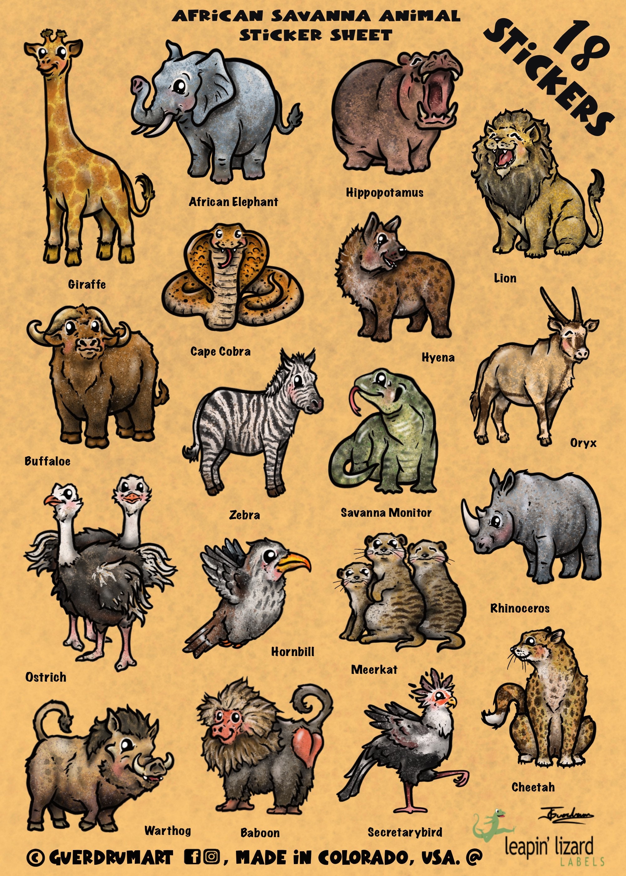 African Savanna Animal Sticker Sheet 18 Waterproof Stickers | Etsy