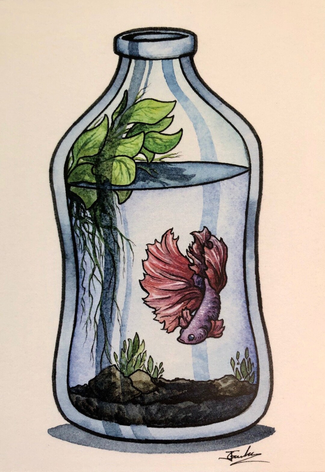 Beta Fish in a Bottle Watercolor Art Print - Etsy
