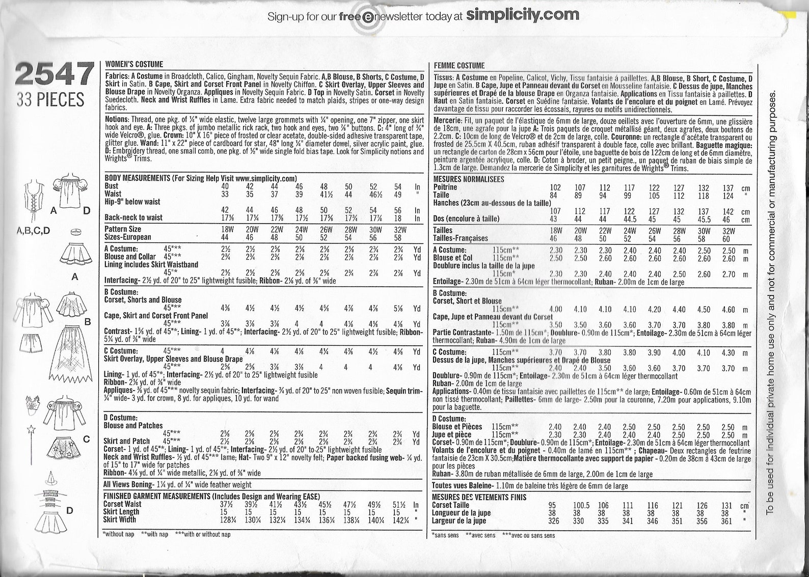 Simplicity 0673/2547 Misses Wizard of Oz Adult Costumes Size | Etsy