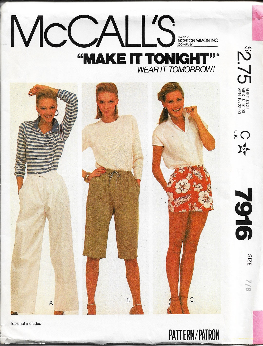 Mccall's 7916 Misses, Junior/teens Pants and Shorts Size 7/8 Uncut ...