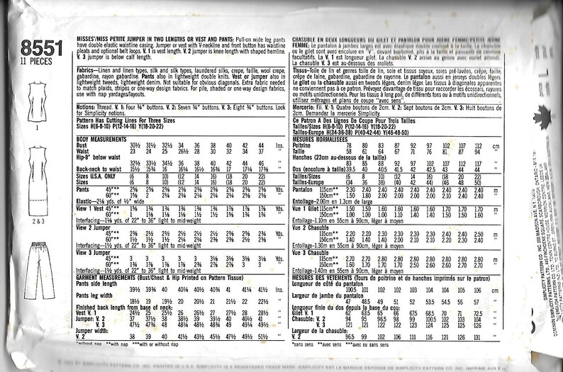 Simplicity 8551 Misses/petite Jumper in Short or Long, Vest, Pants Size ...