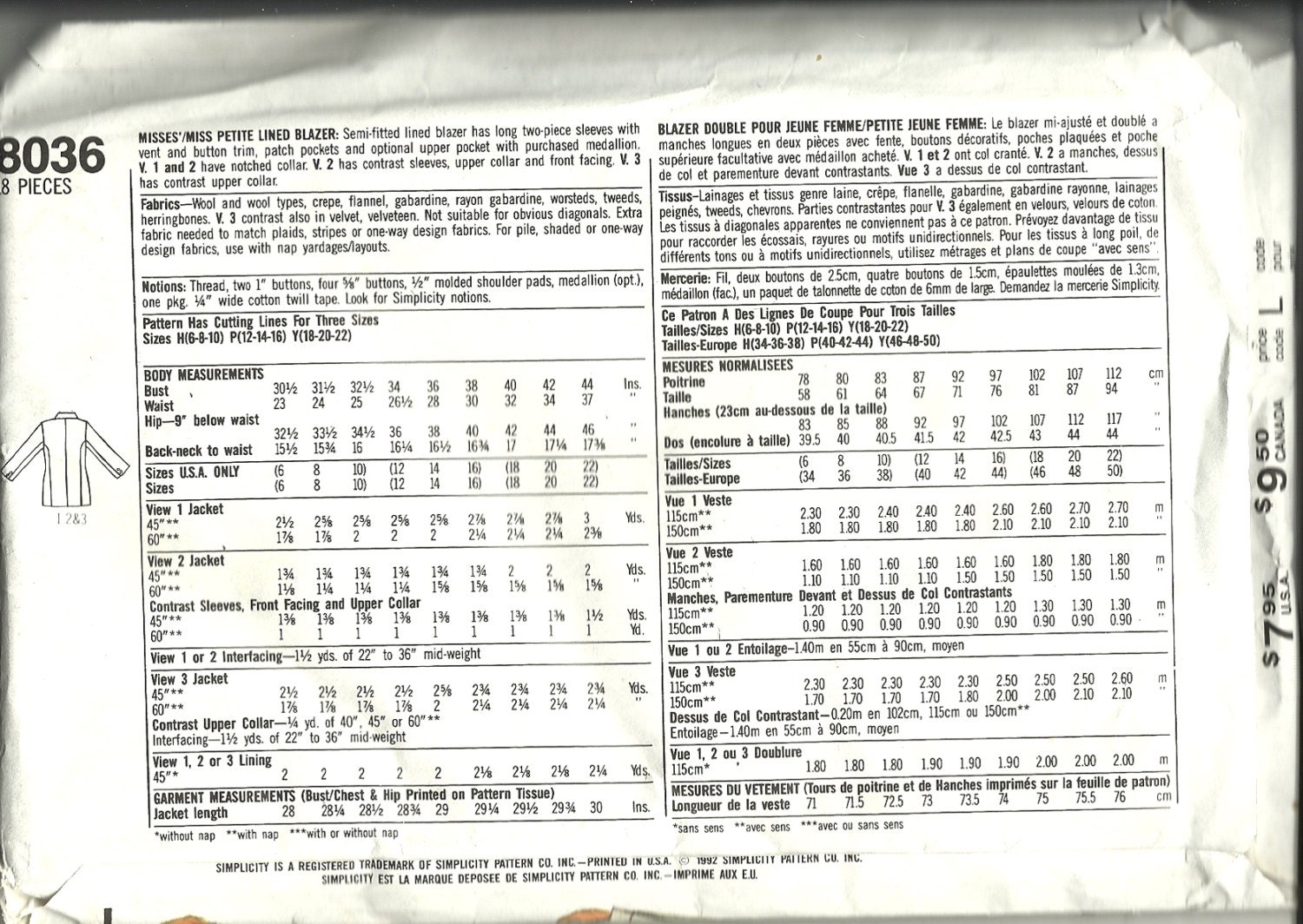 Simplicity 8036 Misses/Petite Jackets en cuatro versiones sin cortar ...