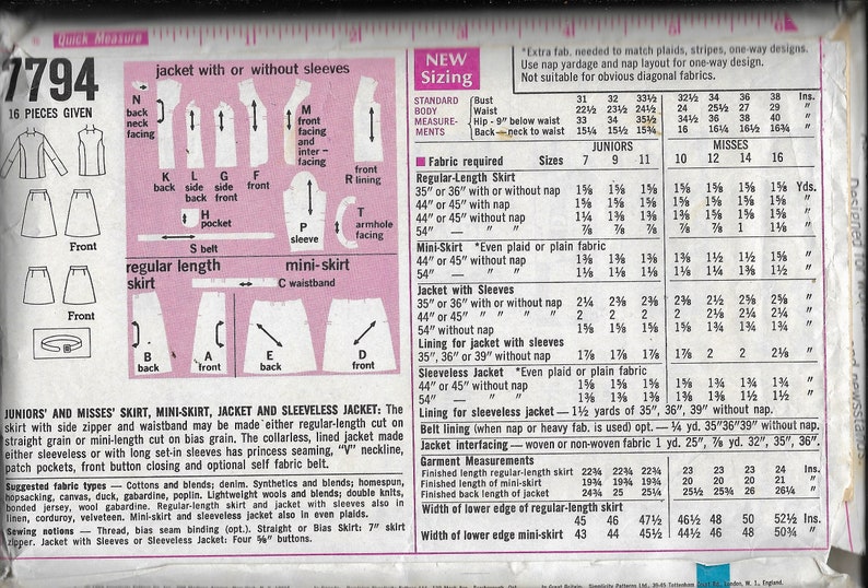 Simplicity 7794 Junior/misses Skirt, Mini-skirt, Jacket and Sleeveless Jacket Vintage Pattern ...