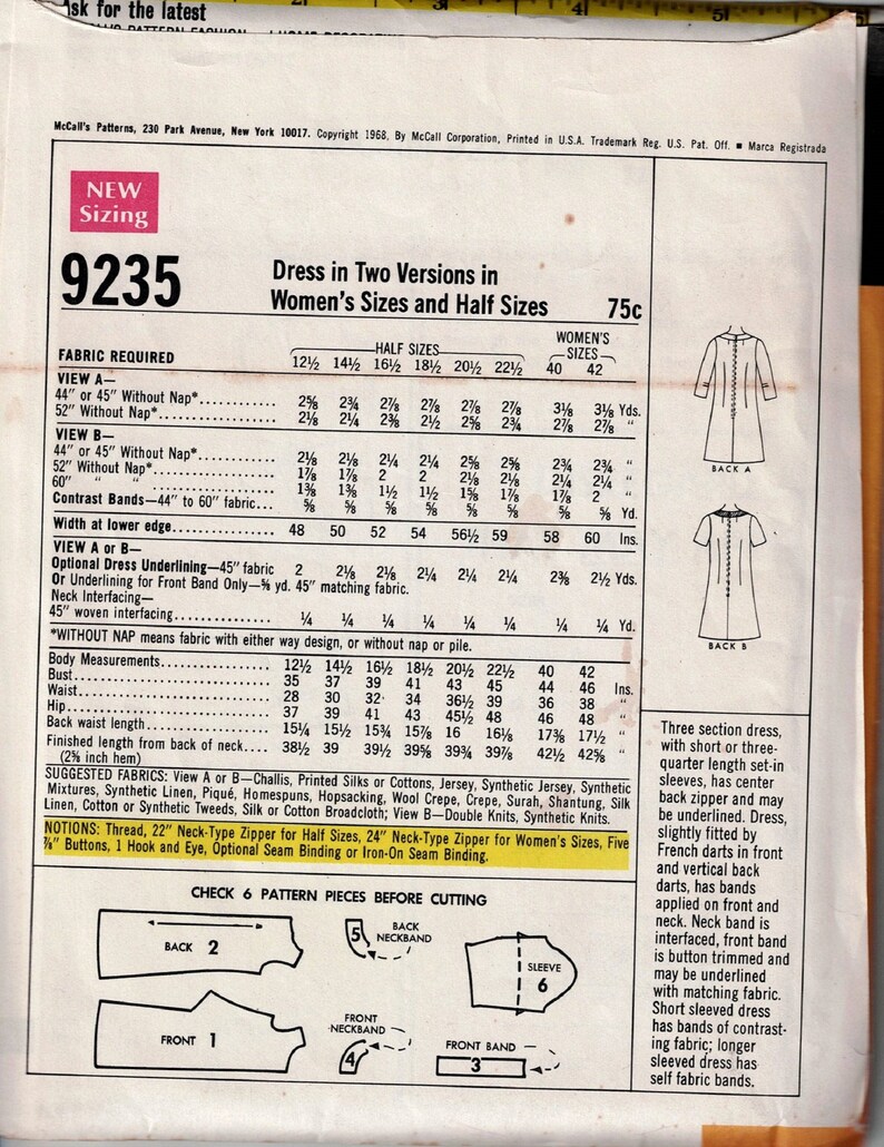 Mccall 9235 Misses Dress With Variations in Half Size Size 14 1/2 CUT ...