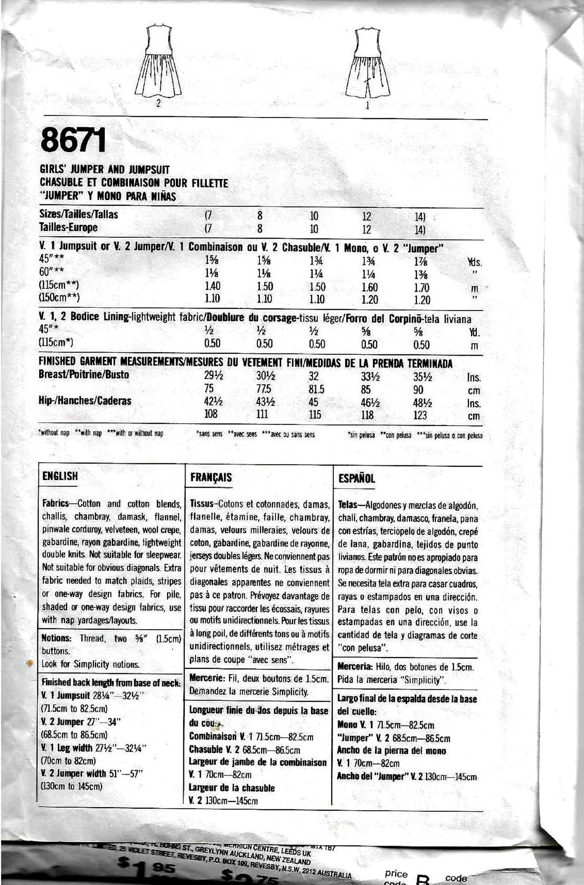 Simplicity 8671 Girls Jumper and Jumpsuit Size 7-14 Cut - Etsy