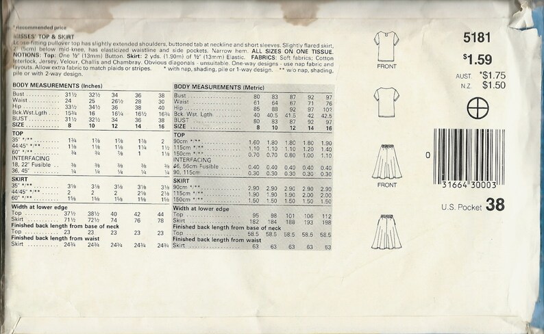 Butterick 5181 Misses Top and Skirt Size 8–16 Uncut - Etsy
