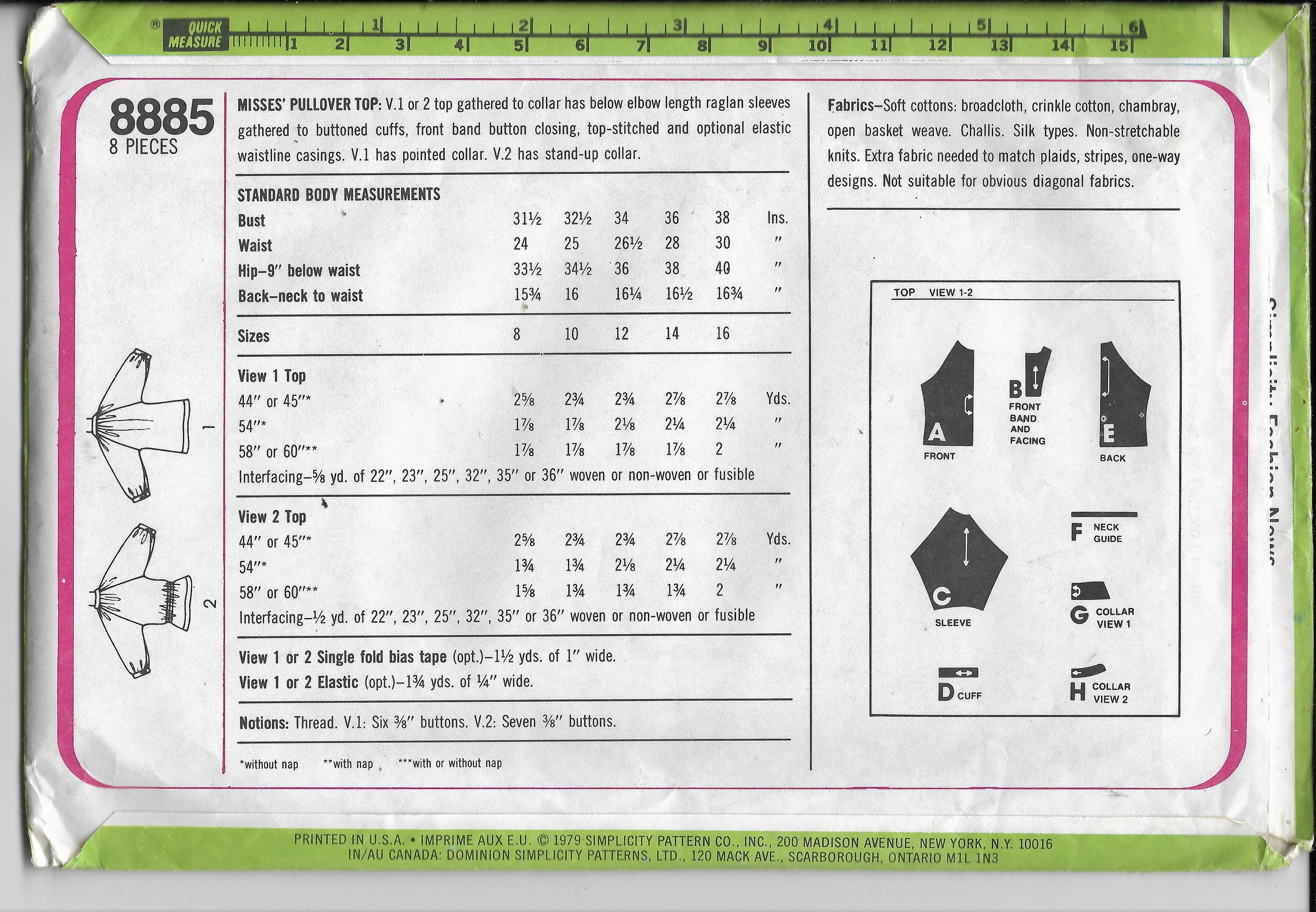 Simplicity 8885 Misses Vintage Pullover Top With Raglan Sleeves Size 8 ...