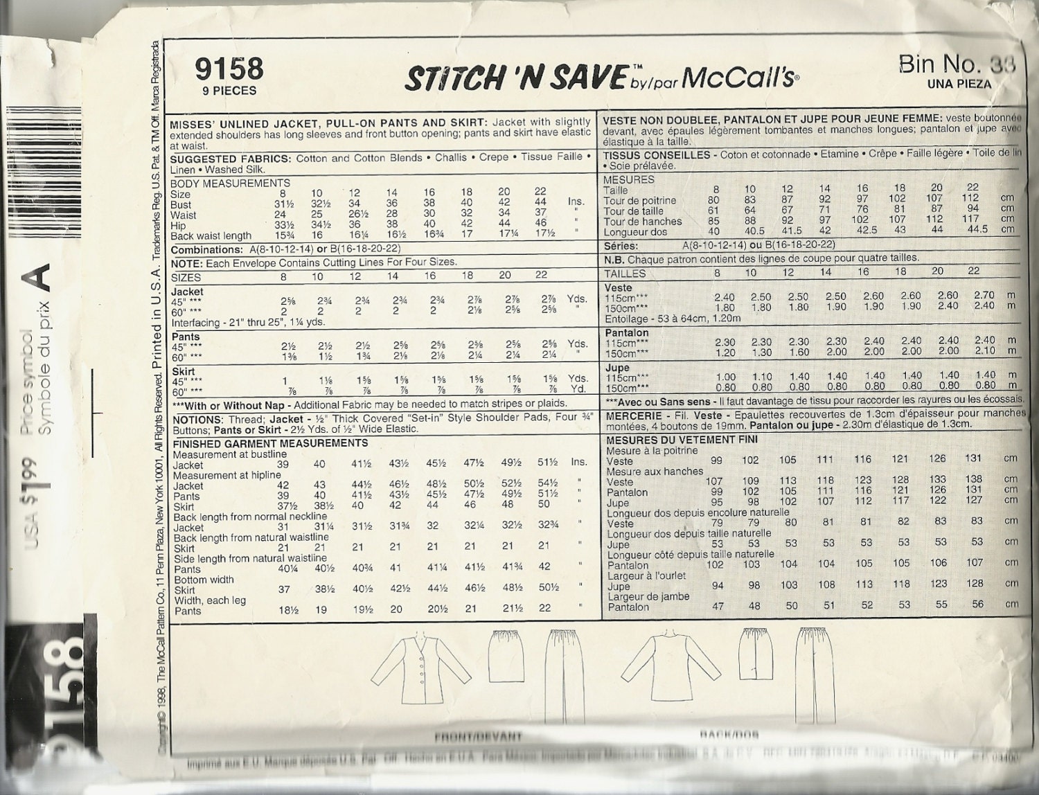 Mccall's 9158 Misses Unlined Jacket, Skirt and Pants Size 8-14 C1985 - Etsy