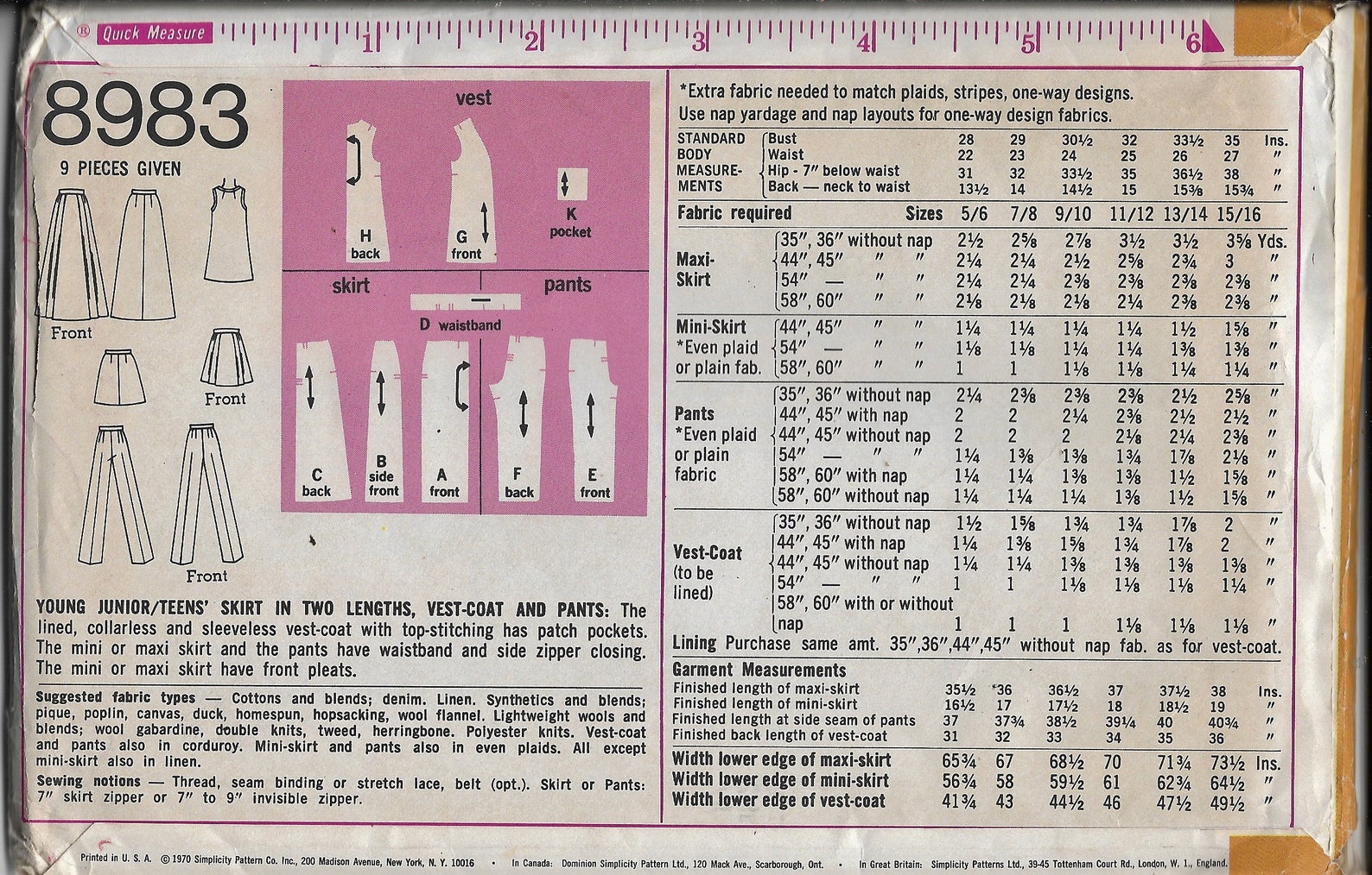 Simplicity 8983 Vintage Misses/juniors Skirt, Vest-coat and Pants Size ...
