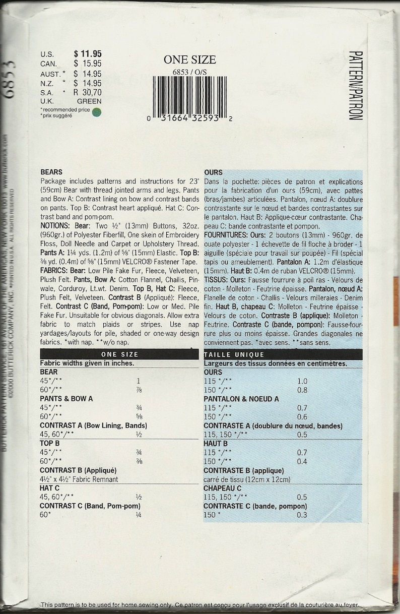 Butterick 6853 Make Your Own Bears and Clothes Uncut - Etsy