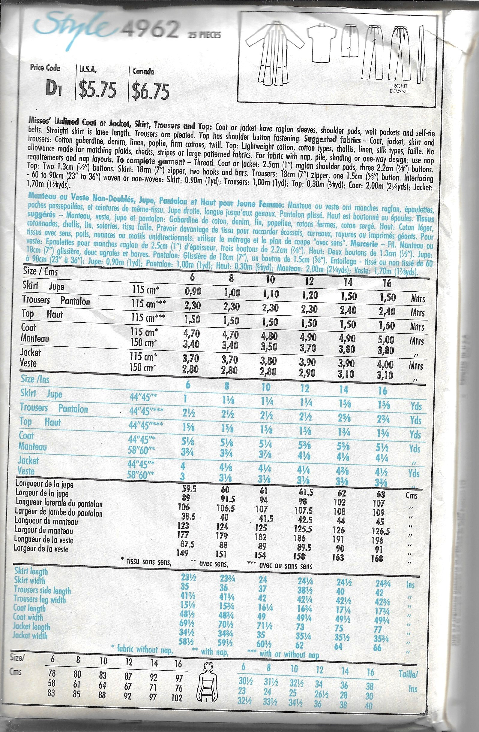 Style 4962 Misses Unlined Coat or Jacket Skirt Trousers and - Etsy UK