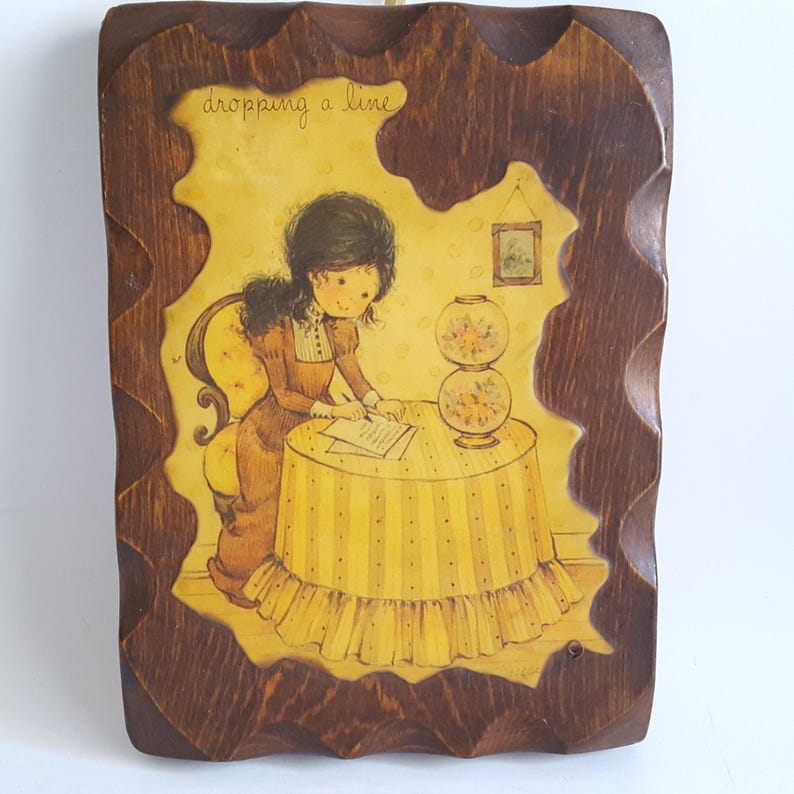 Dropping a Line! Vintage Wood Wall Plaque Hand Made Decoupage 7.5"x5.5 ...