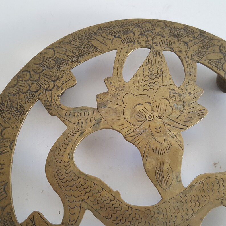 Brass Dragon! Vintage Trivet Etched Design Footed Round Chinese 5" - Etsy