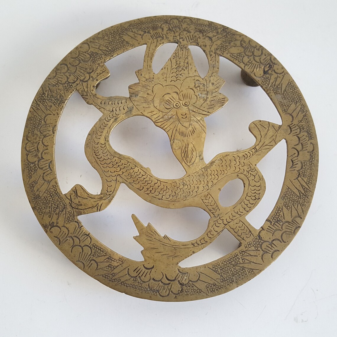 Brass Dragon! Vintage Trivet Etched Design Footed Round Chinese 5" - Etsy