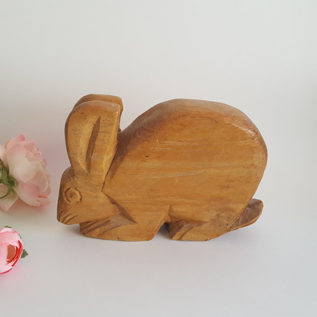 Rustic Rabbit! Hand Carve Wood Bunny Figurine Country Farmhouse Decor 7 ...