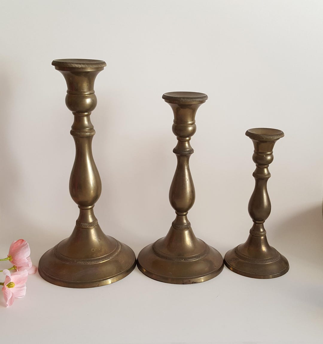 Vintage Brass Candlesticks! Set of 3 Matching Heavy-weight 8", 10" & 12 ...